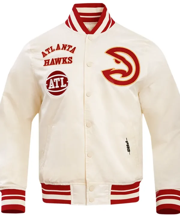 Team Atlanta Hawks White And Red Satin Varsity Jacket - Oskar Jacket