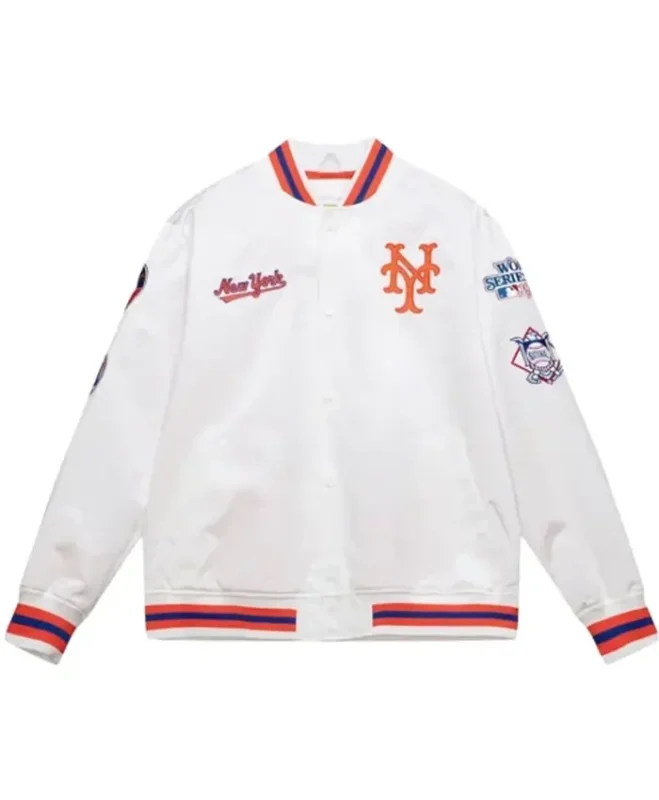 NY Mets City Collection White Satin Varsity Jacket - Oskar Jacket