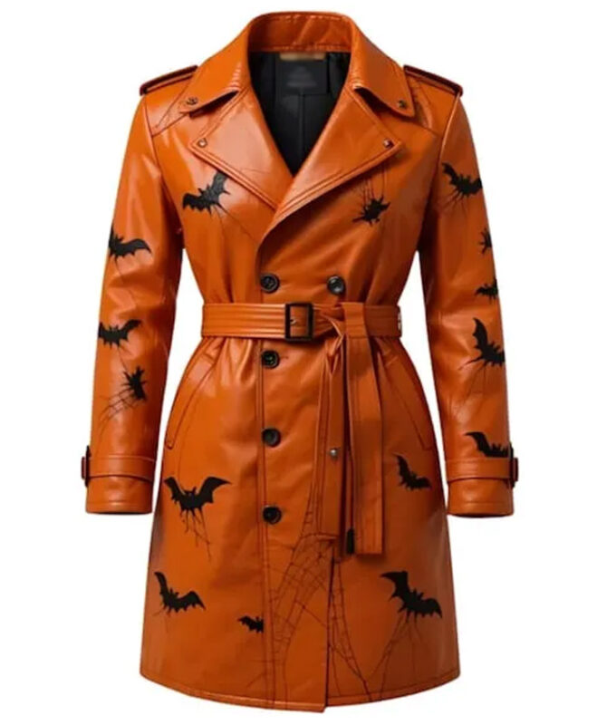 Halloween Pumpkin Orange Leather Trench Coat - Oskar Jacket